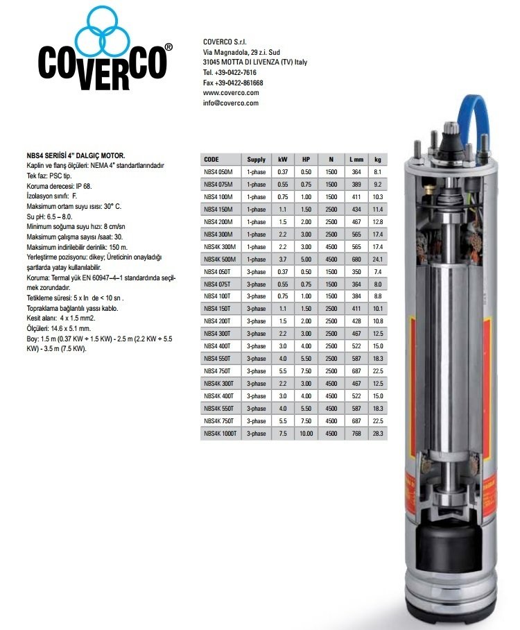 Coverco - 4'' Çıplak Dalgıç Motoru - 7,5 HP (5,5 KW) - Trifaze Coverco - 4'' Çıplak Dalgıç Motoru - 7,5 HP (5,5 KW) - Trifaze